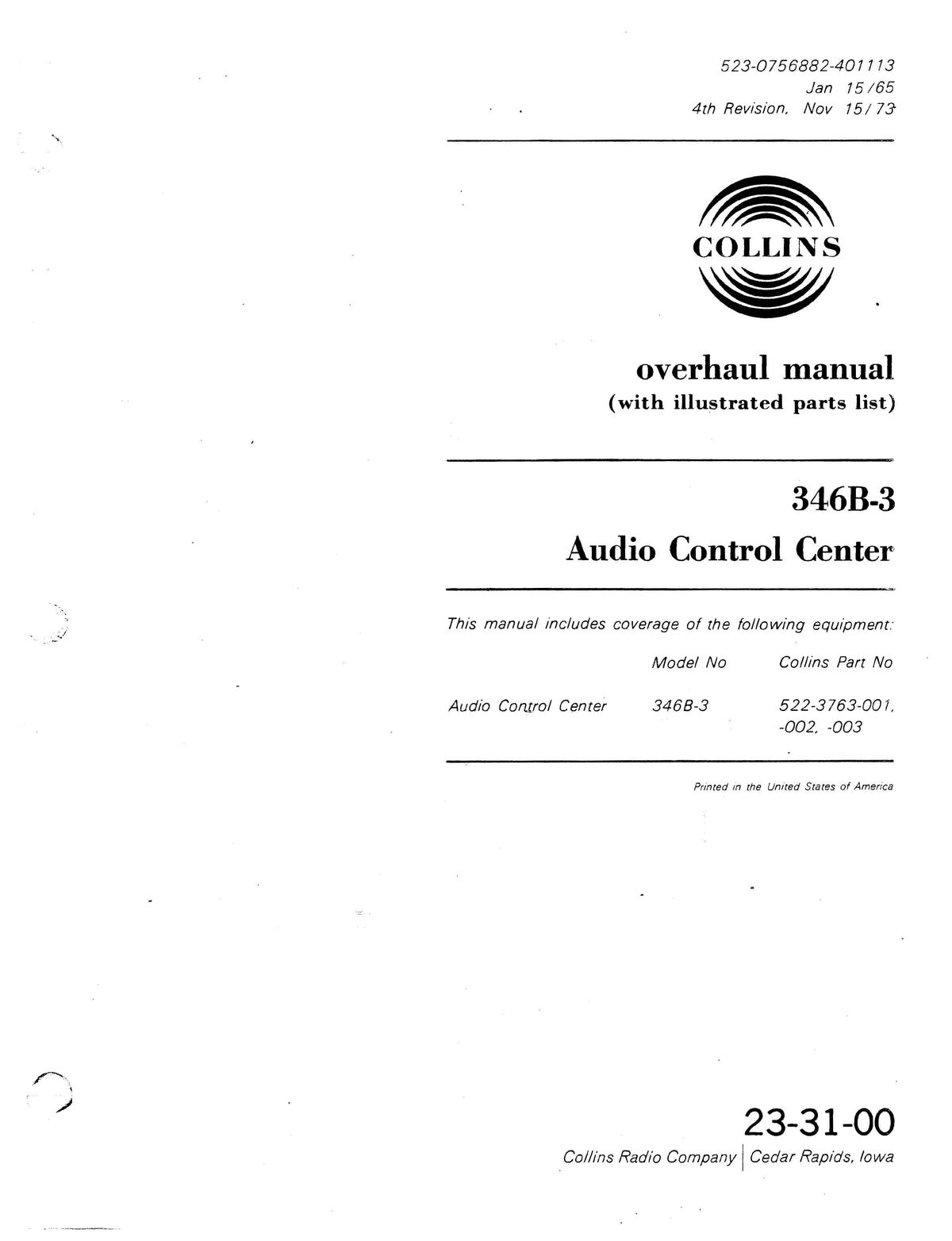 Collins 346B-3 Audio Control Center Overhaul Manual with Illustrated P ...