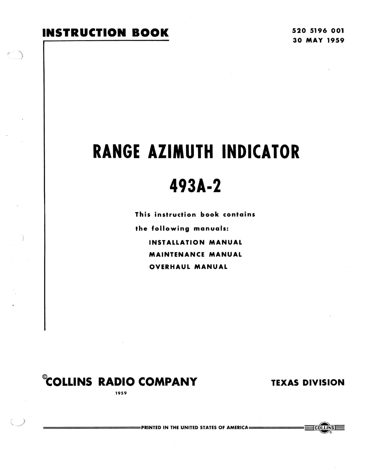 Collins 493A-2 Range Azimuth Indicator Instruction Book (520-5196-001 ...