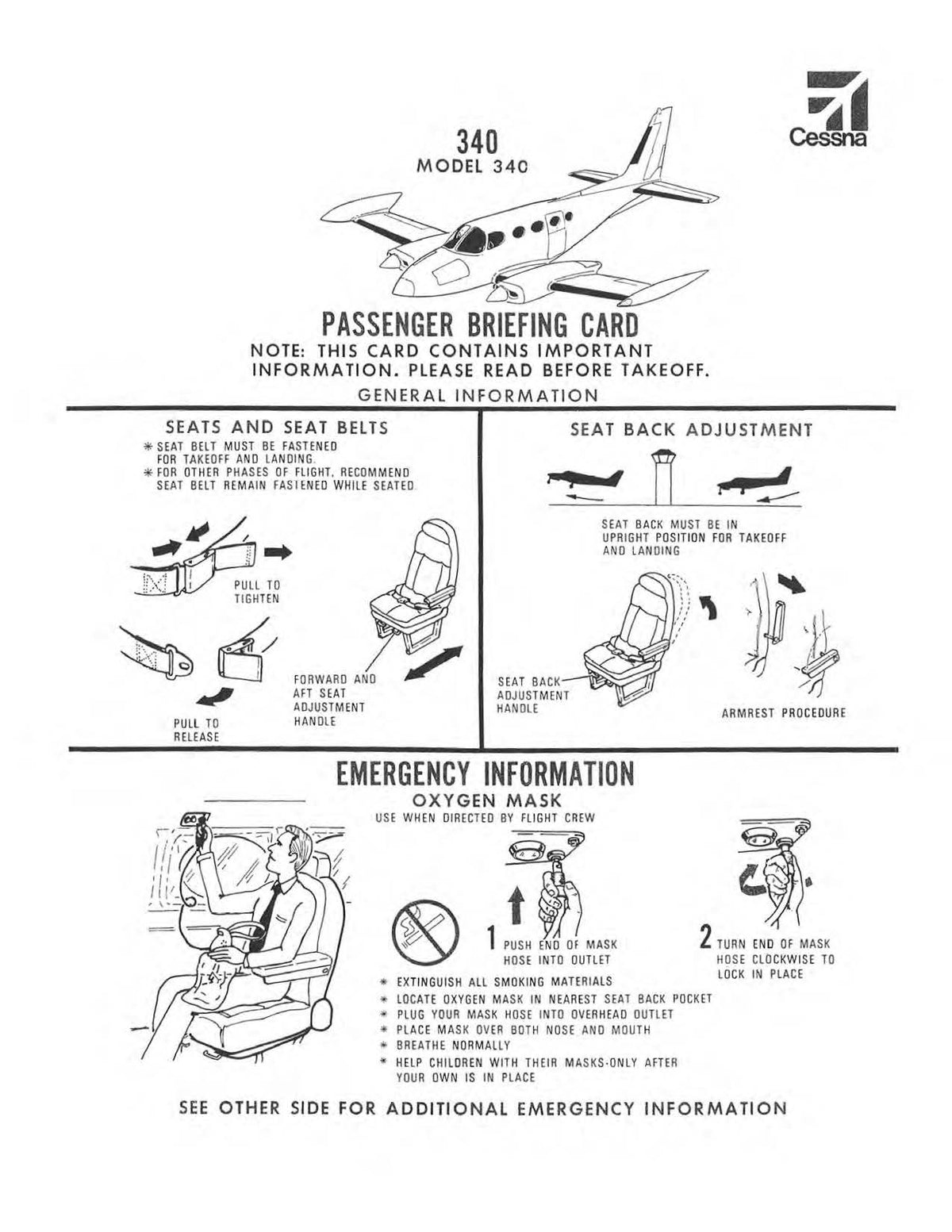 Cessna 340 Passenger Briefing Cards — Essco Aircraft