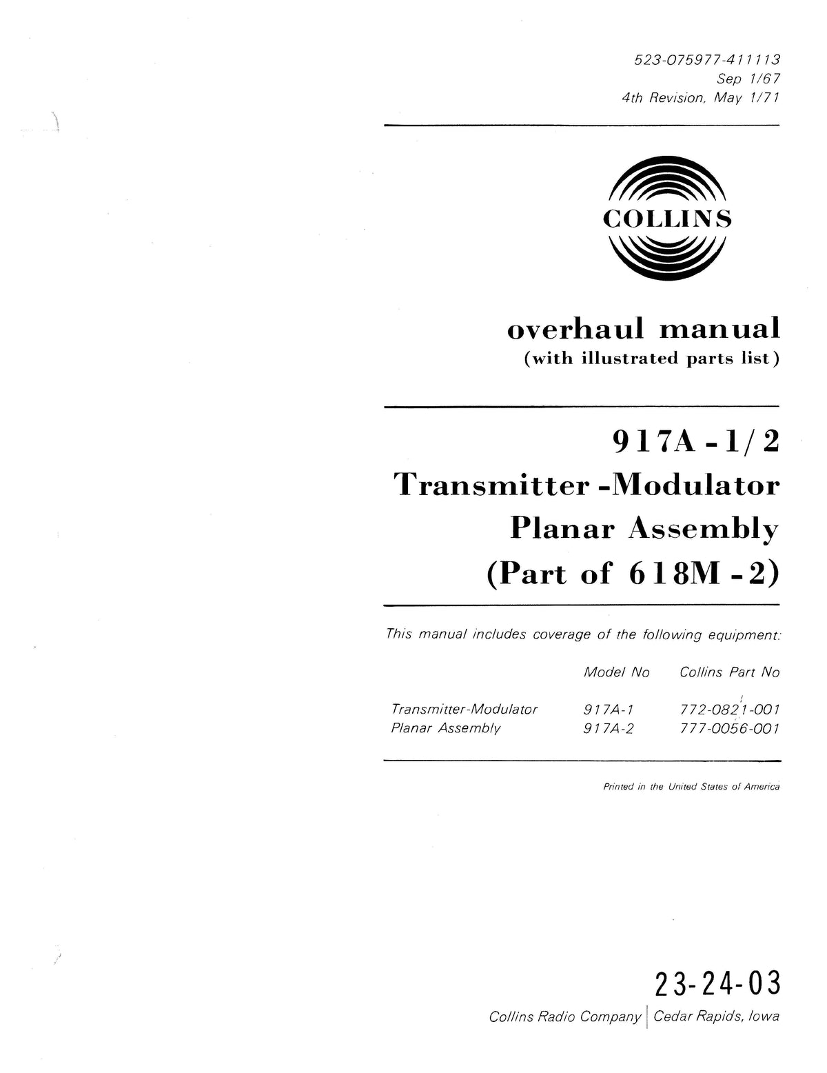 Collins 917A-1-2 (Part of 618M-2) 1967 Overhaul Manual (with Illustrat ...