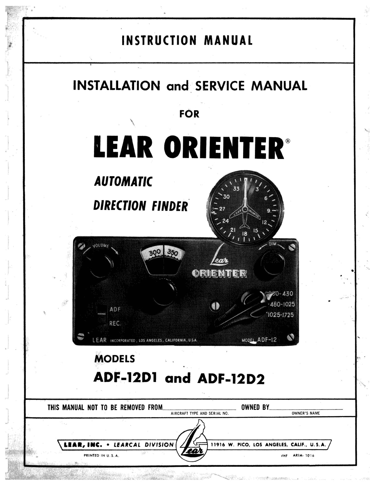 Lear ADF-12D1 & ADF-12D2 Instruction Manual (LEADF12D1,2-INS) — Essco ...