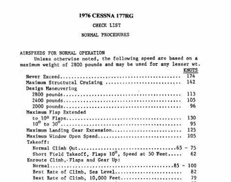Cessna 177RG 1976 Cardinal Pilot's Checklist — Essco Aircraft
