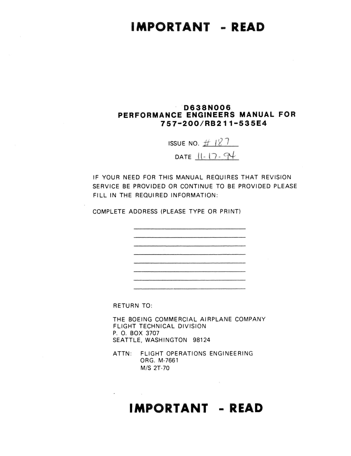 Boeing 757-200 Performance Engineers Manual 1985 — Essco Aircraft