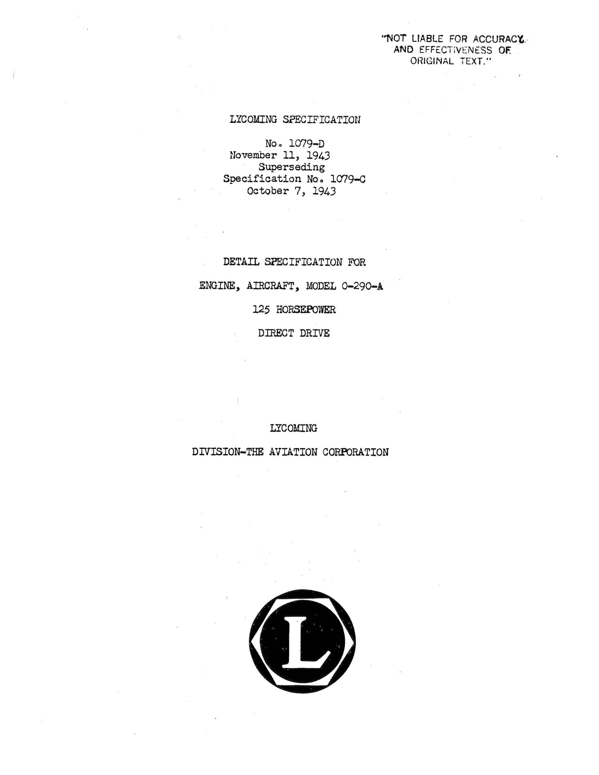 Lycoming O-290-A Detail Aircraft Specifications 1079-D — Essco Aircraft