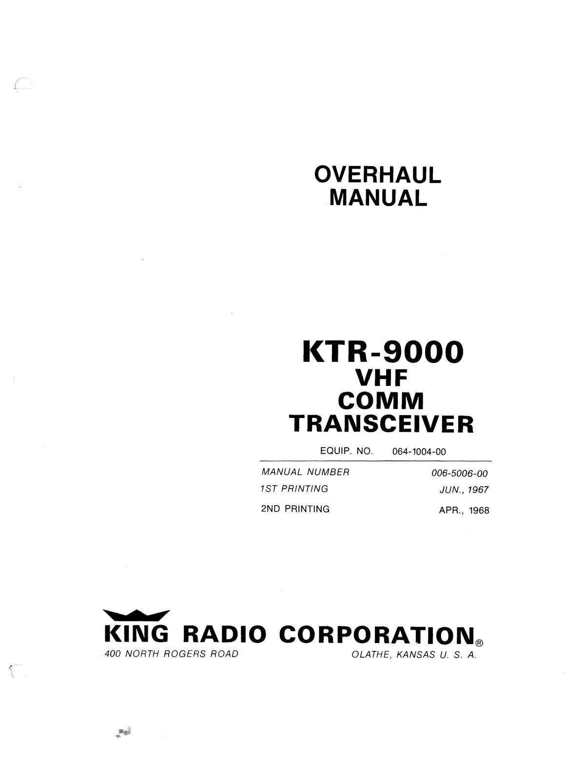 King KTR-900 VHF Comm Transceiver Overhaul Manual (006-5006-00) — Essco ...