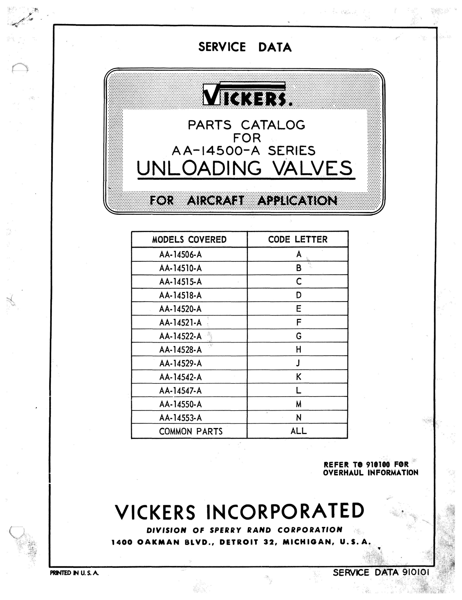 Vickers Unloading Valves AA-14500-A Series Parts Catalog — Essco Aircraft