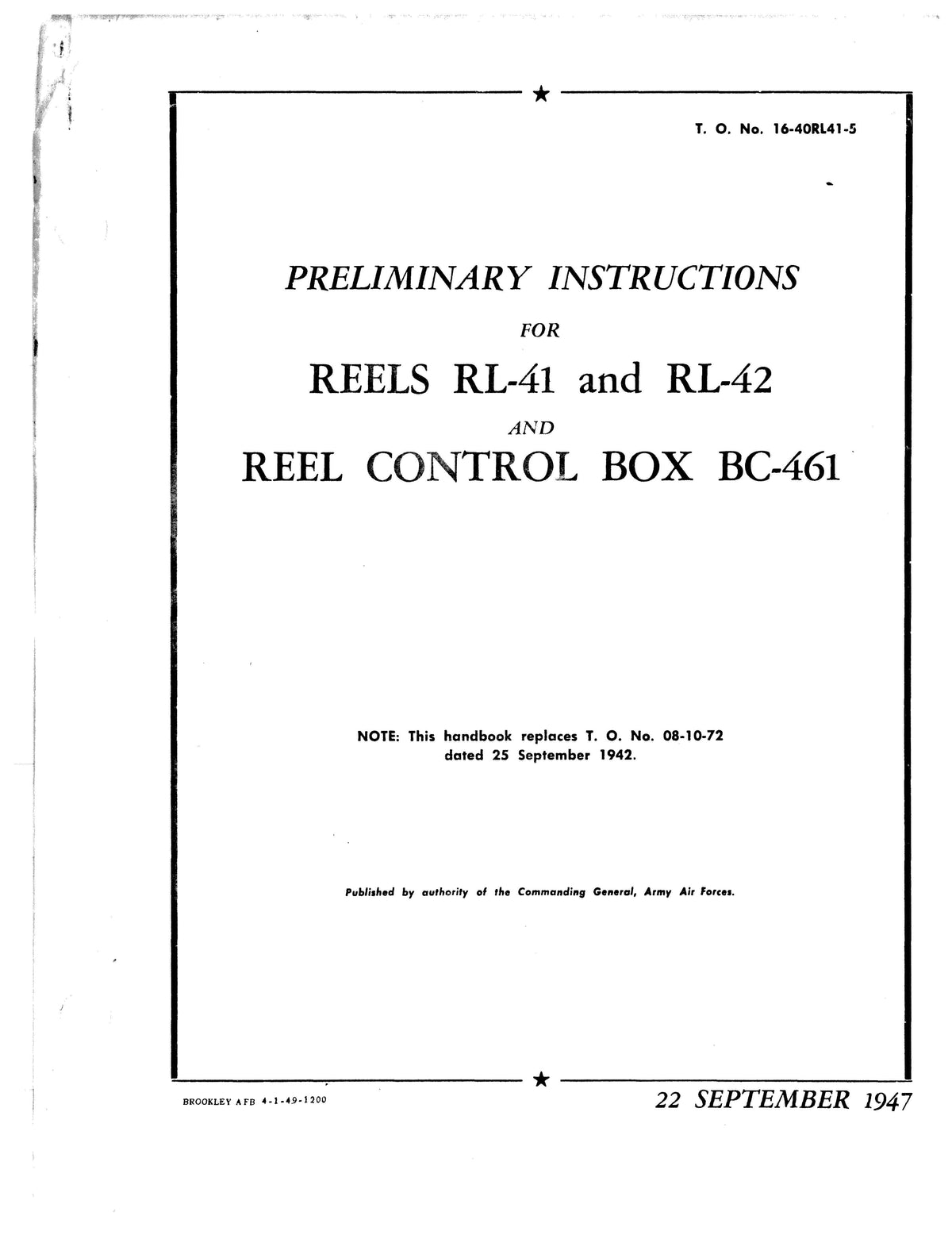Reels RL-41 & RL-42 & Reel Control Box BC-461 Preliminary Instructions ...