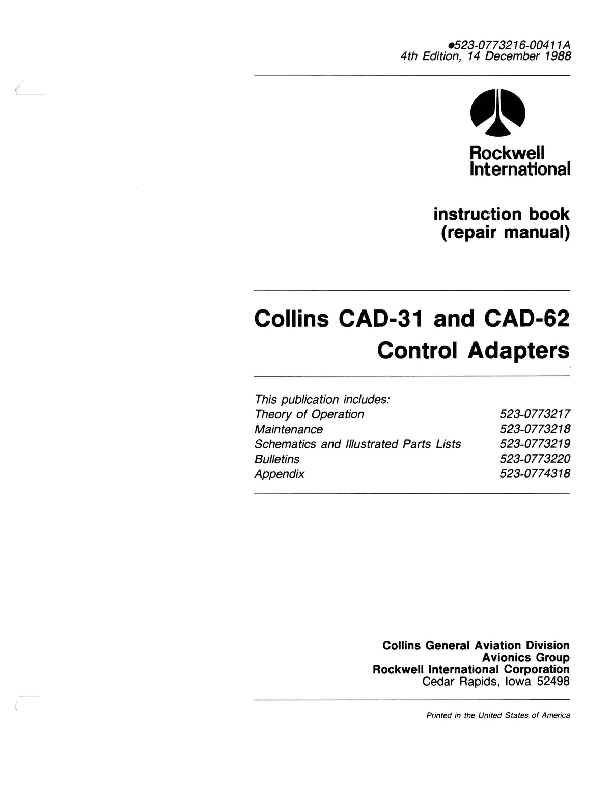 Collins CAD-31 & CAD-62 Control Adapters Instruction Book (Repair Manu ...