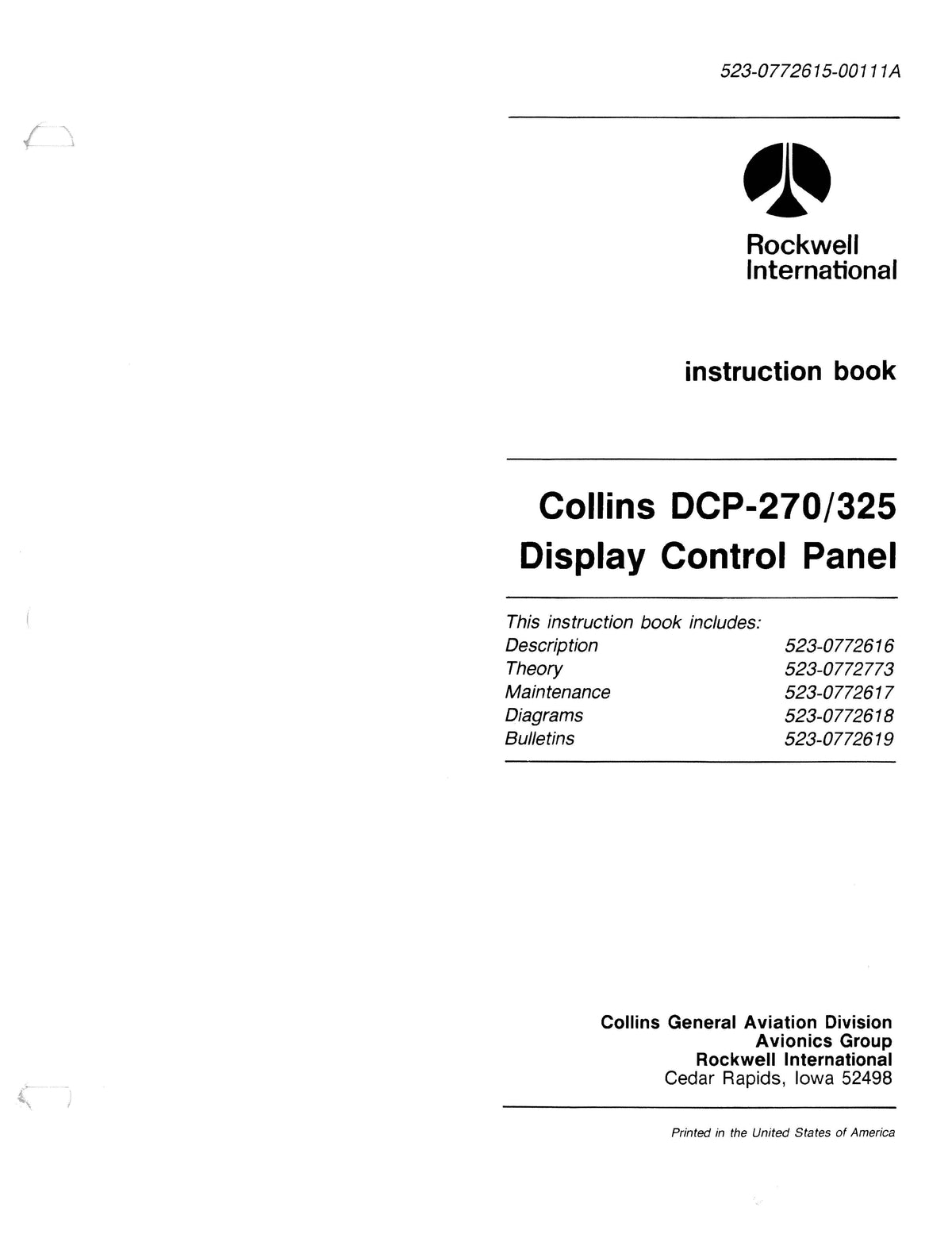 Collins DCP-270/325 Display Control Panel Instruction Book 523-0772615 ...