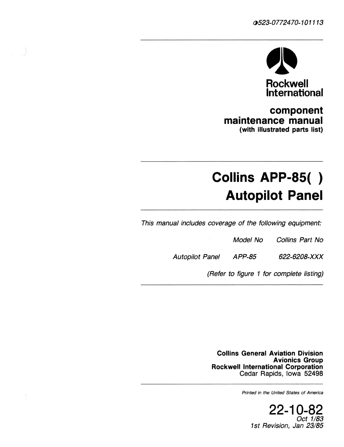 Collins APP-85( ) Autopilot Panel Component Maintenance Manual with Il ...