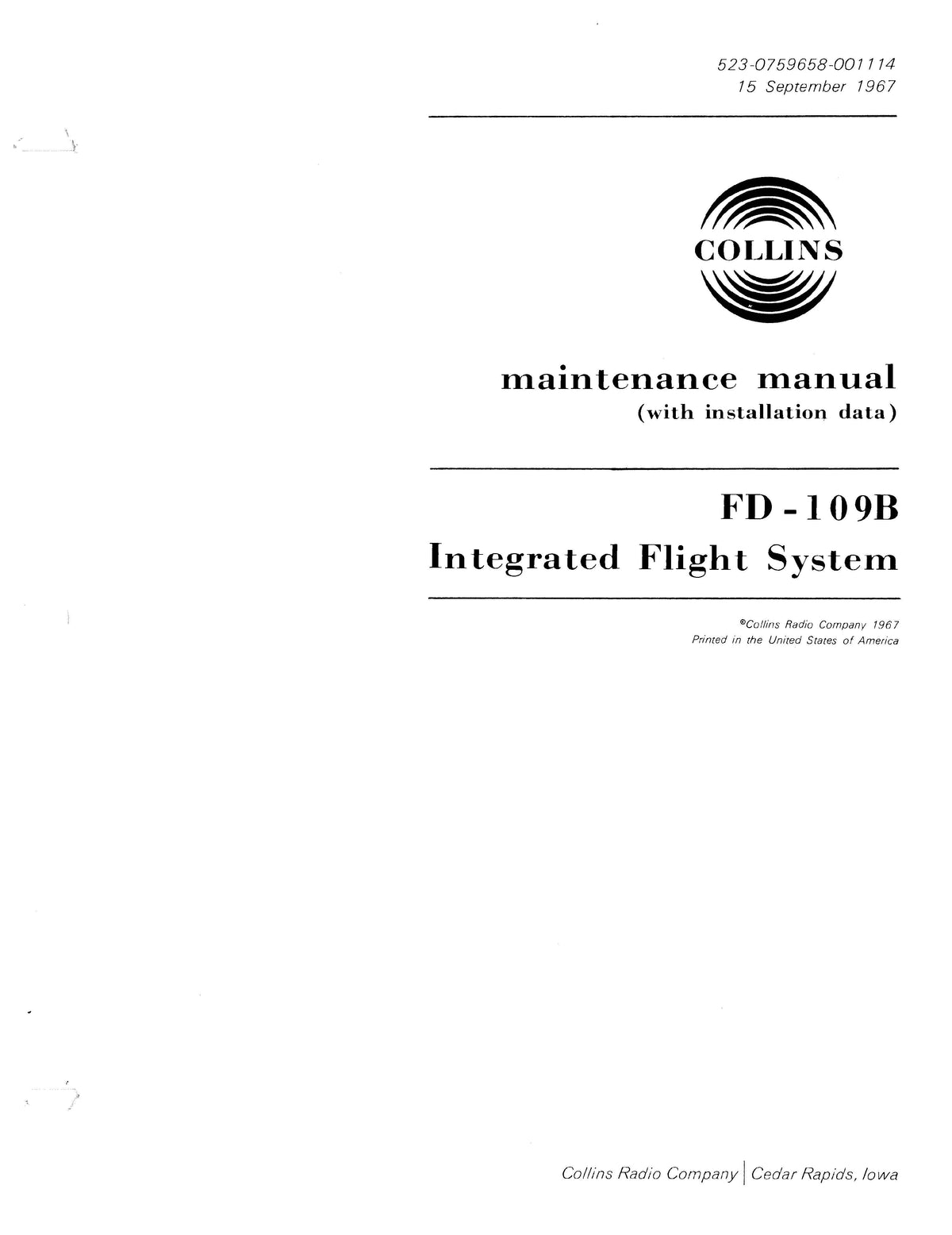 Collins FD-109B Integrated Flight System Maintenance Manual With Insta ...
