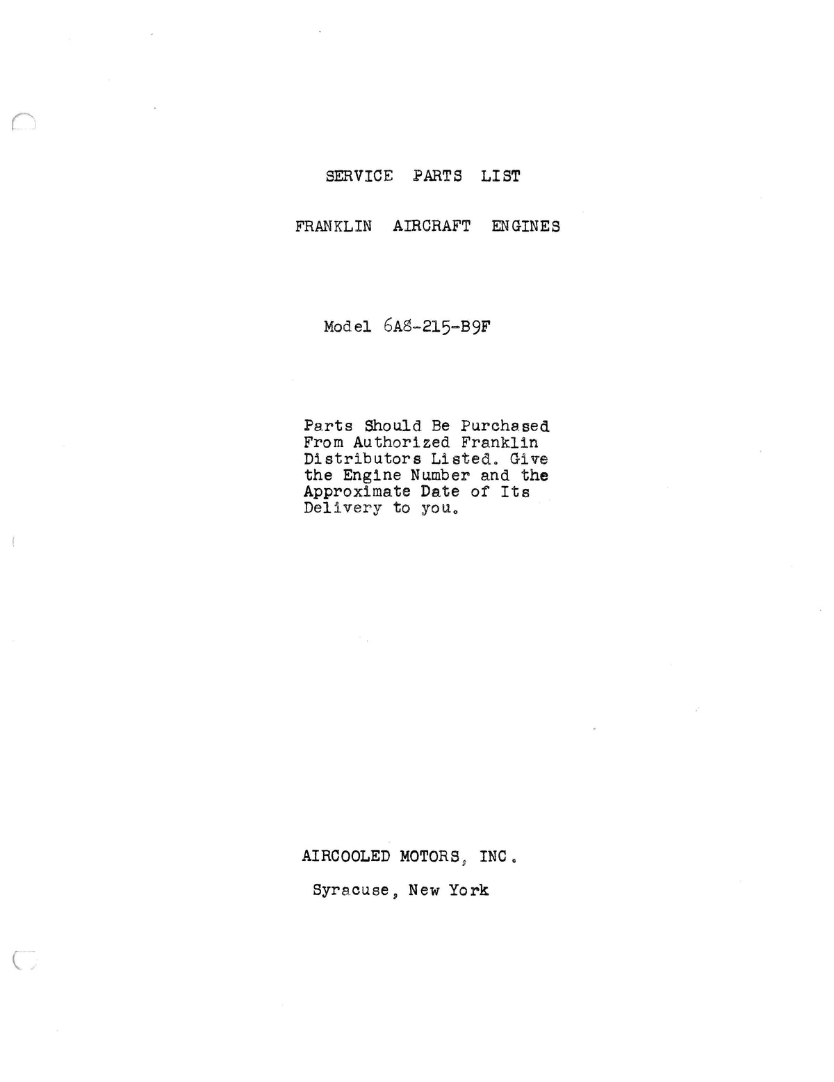 Franklin 6A8-215-B9F Aircraft Engine Service Parts List Not Illustrate ...