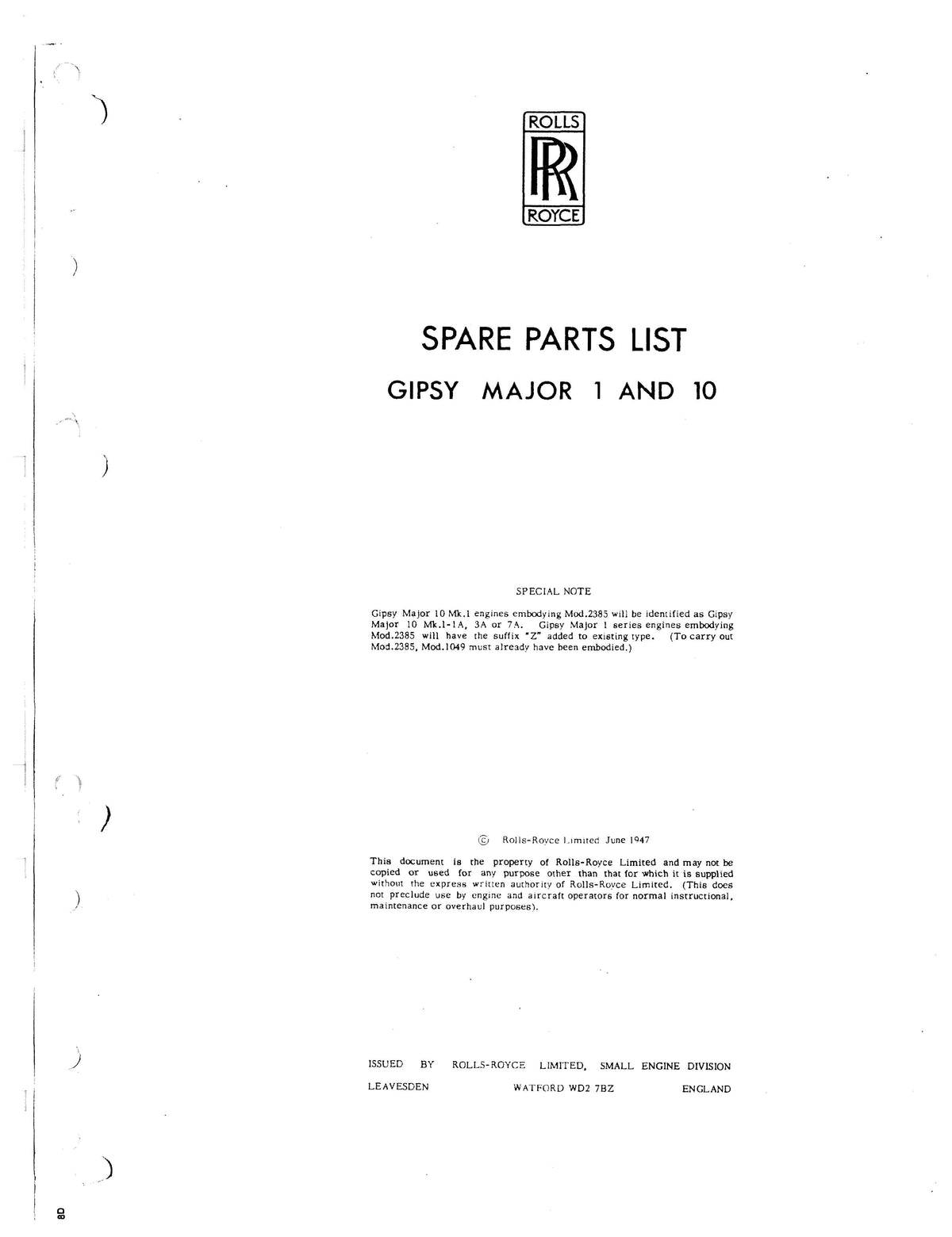 Rolls Royce Gipsy Major 1 and 10 Spare Parts Catalog — Essco Aircraft