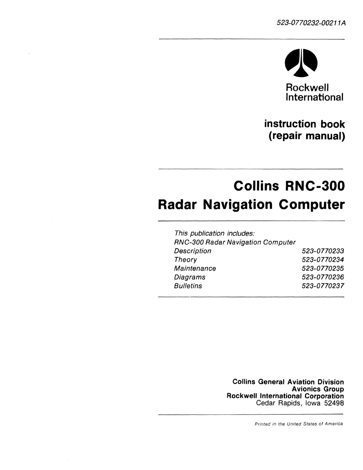 Collins RNC-300 Instruction Book (Repair Manual)1987 (523-0770232-0021 ...