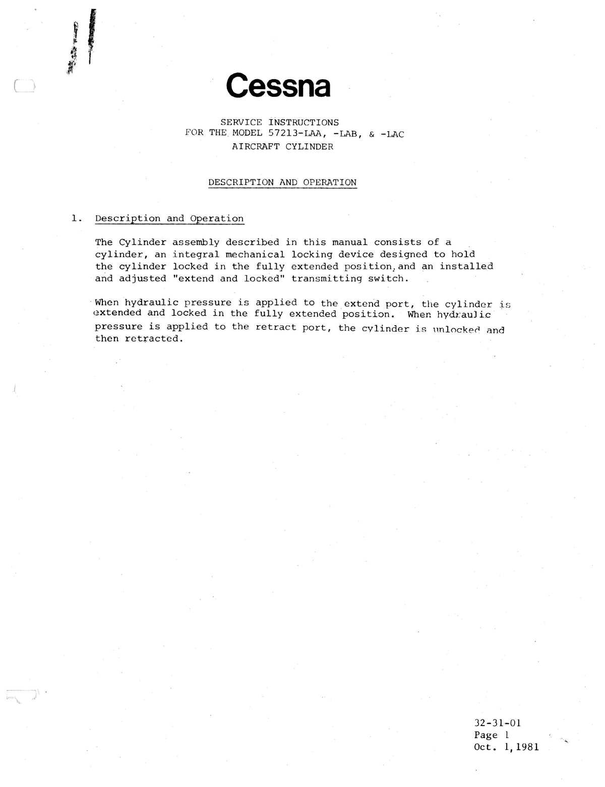 Cessna Aircraft Cylinder Model 57213-LAA, -LAB, &-LAC Service Instruct ...
