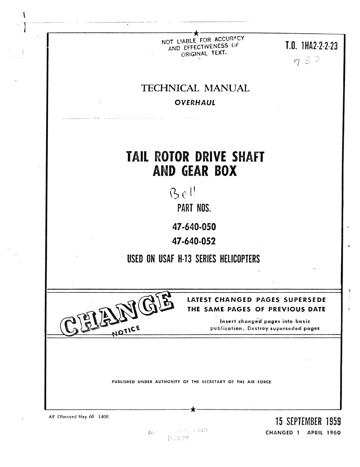Bell Tail Rotor Drive Shaft And Gear Box Used on H-13 Overhaul Manual ...