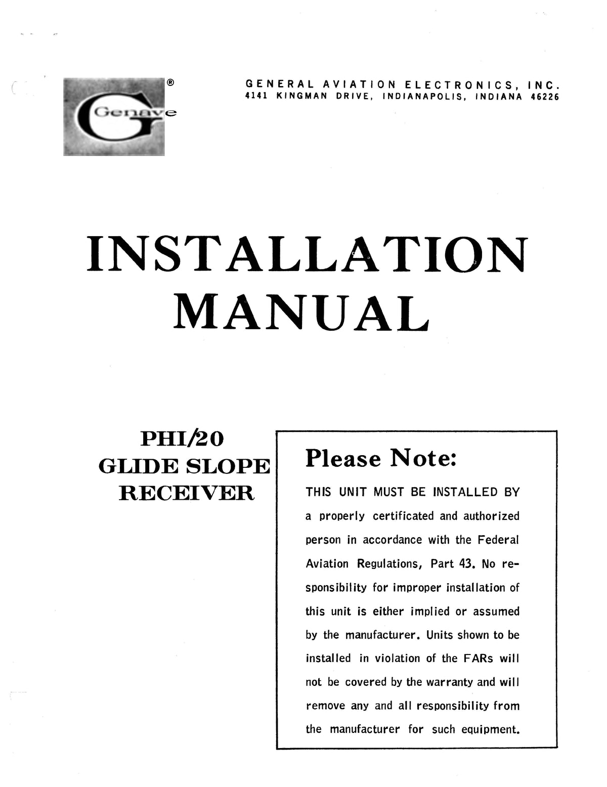 Genave PHI-20 Glide Slope Receiver Installation Manual — Essco Aircraft