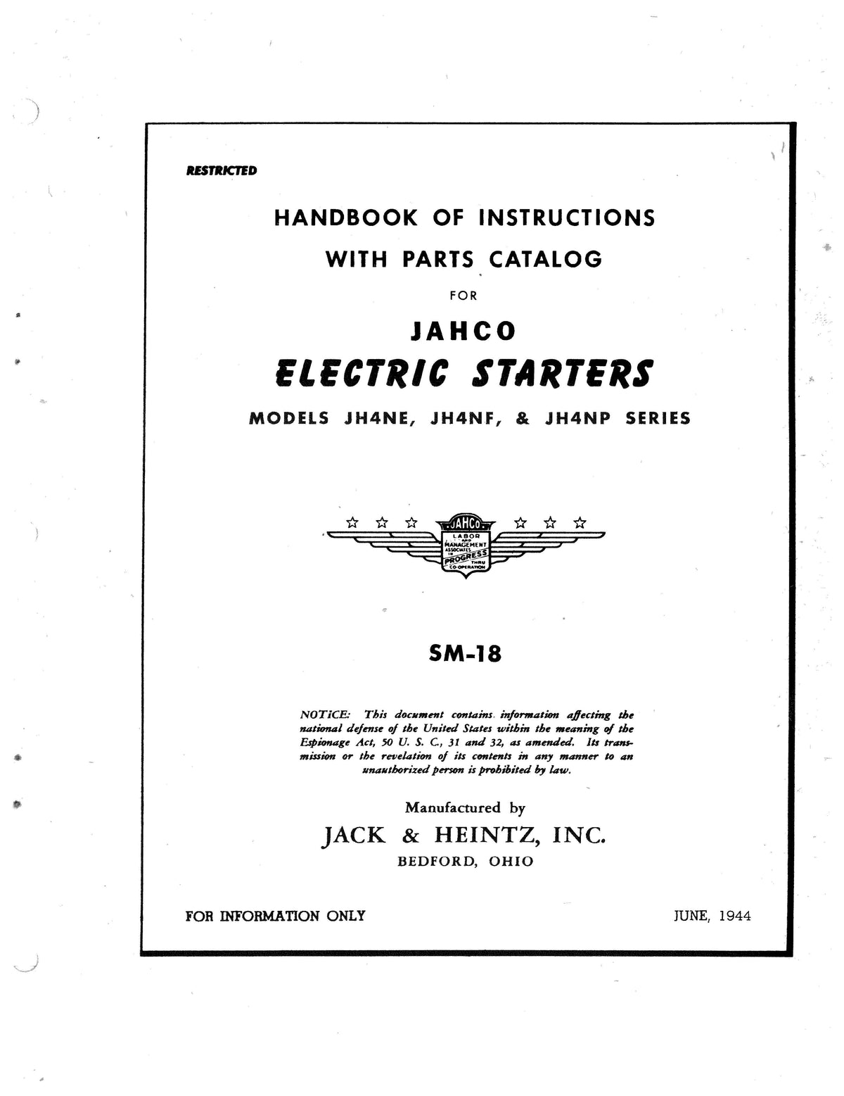 Jack & Heintz Jahco Electric Starters JH4NE, JH4NF, JH4NP Instructions ...