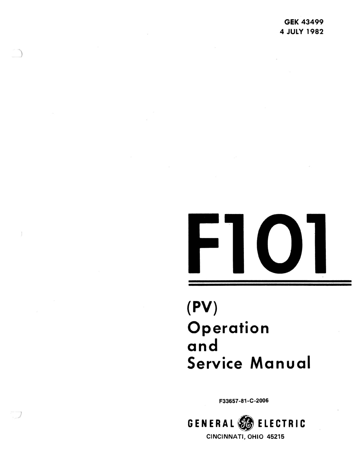 General Electric F101-GE-100 PV Operation and Service Manual GEK 43499 ...