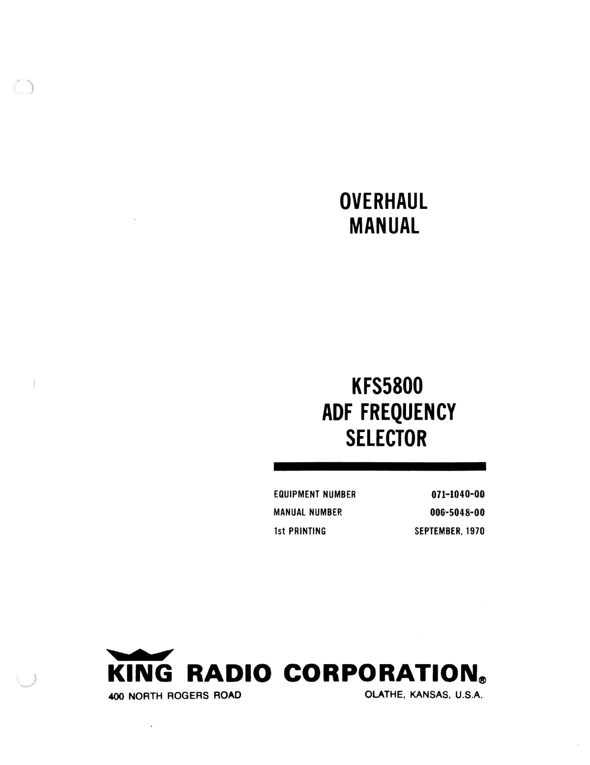 King KFS5800 ADF Frequency Selector Overhaul Manual 006-5048-00 — Essco ...