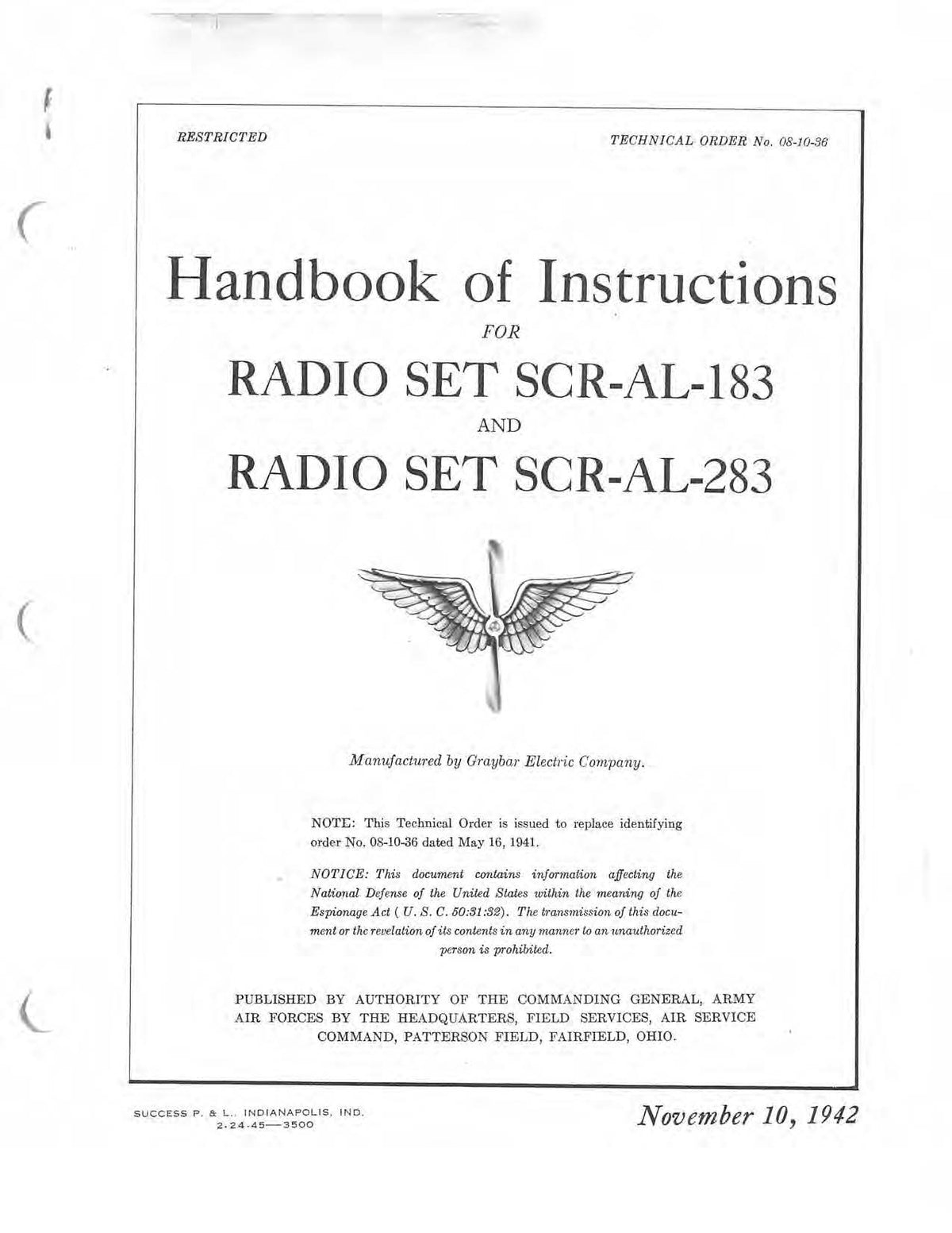 Radio Set SCR-AL-183, -283 Handbook of Instructions TO 08-10-36 — Essco ...