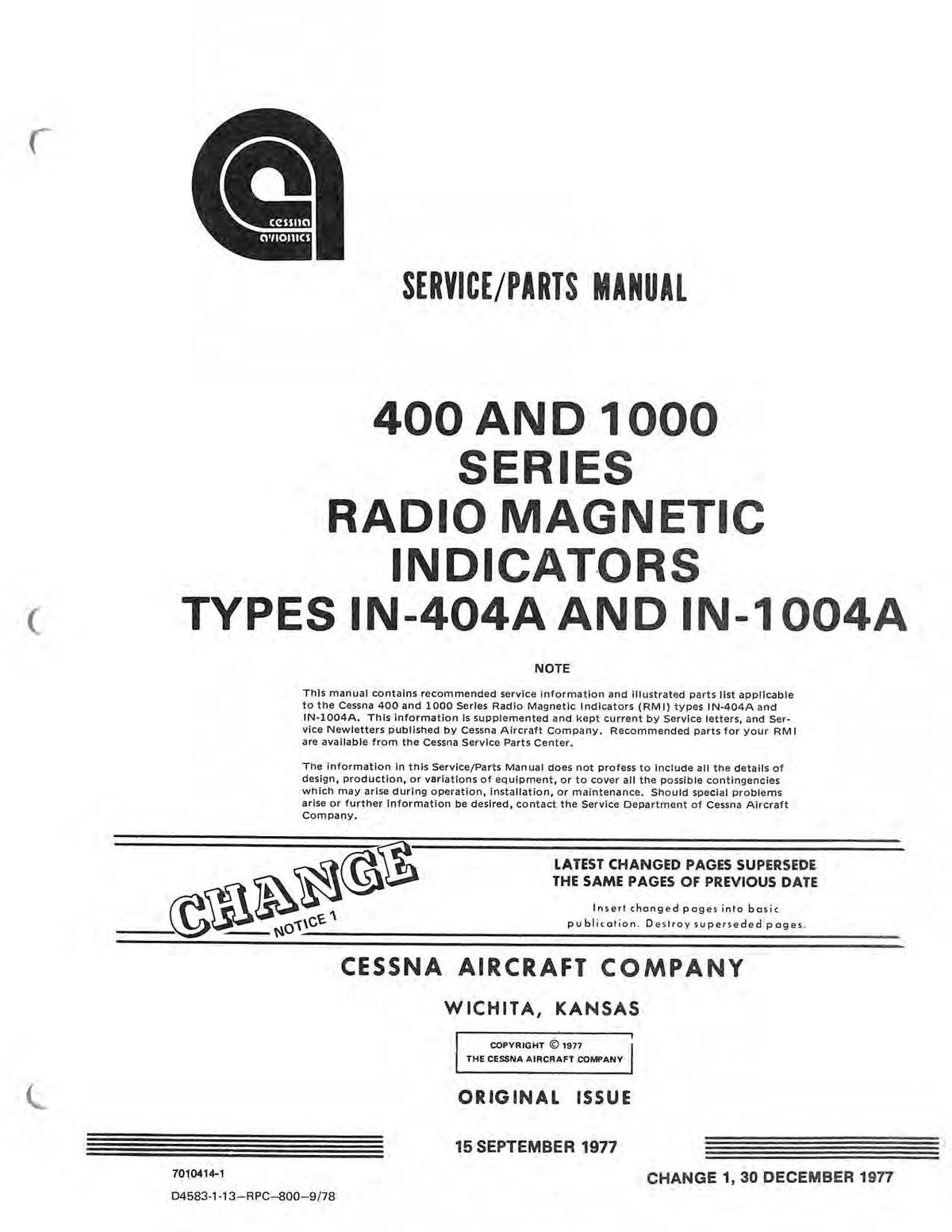 Cessna 400 & 1000 Radio Magnetic Indicators Types IN-404A& N-1004A Ser ...