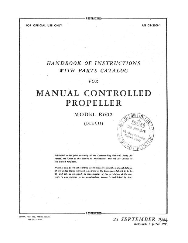 Beech R002 Manual Controlled Prop Handbook of Instructions With Parts ...