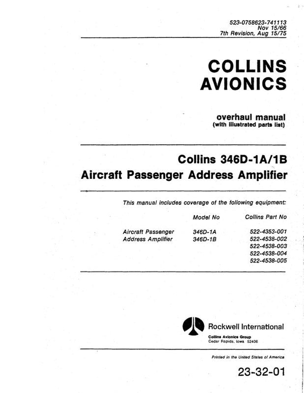 Collins 346D-1A-1B 1966 Overhaul Manual with Illustrated Parts List (5 ...
