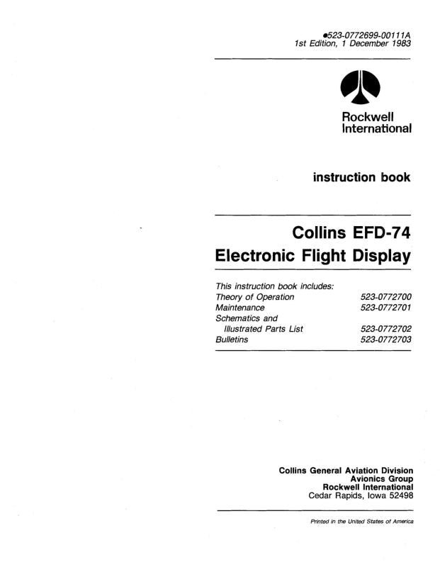 Collins EFD-74 Electronic Flt. Display Instruction Book (523-0772699-0 ...
