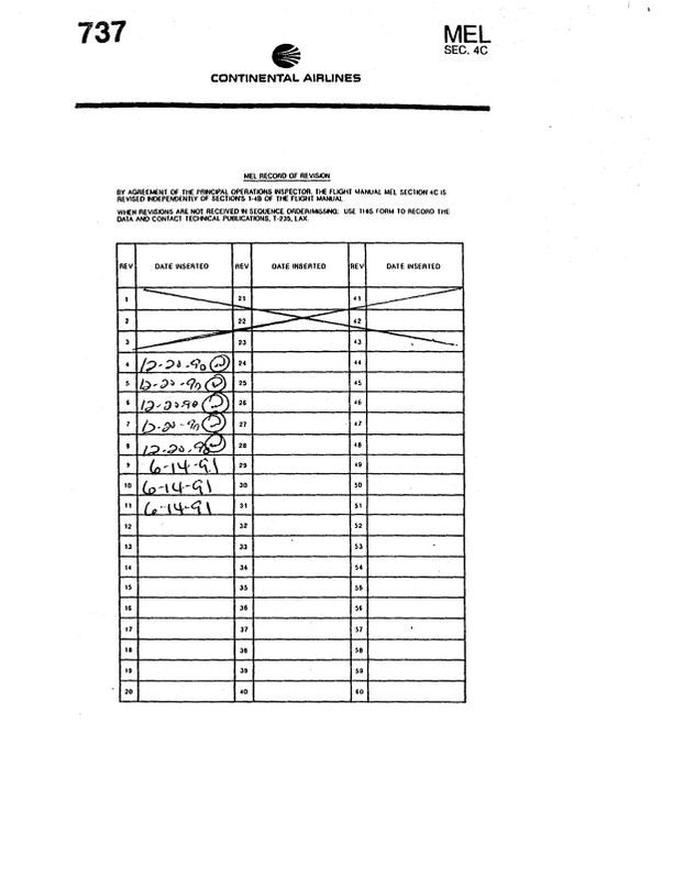 Continental Airlines 737 MEL Minimum Equip List Minimum Equipment List ...