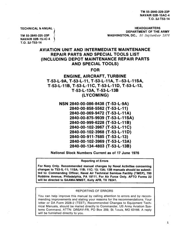 Lycoming T53-L-9A, -11, -13 Parts Catalog — Essco Aircraft