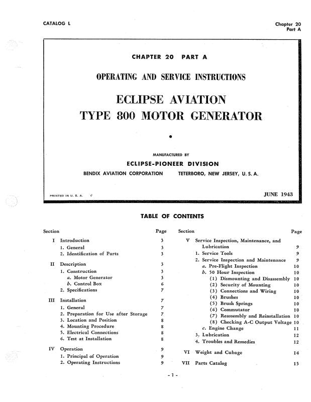 Bendix Type 800 Motor Generator Operating & Service Instructions (BX80 ...