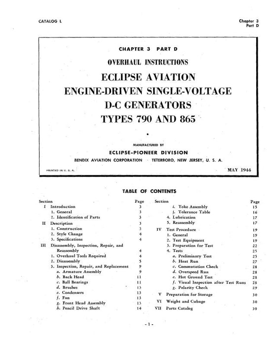 Bendix Types 790 & 865 Generator 1944 Overhaul Instructions (BX790,865 ...