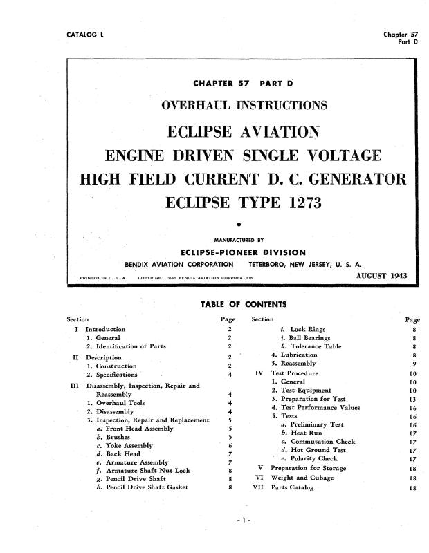 Bendix Type 1273 D-C Generator 1943 Overhaul Instructions (BX1273-43-O ...