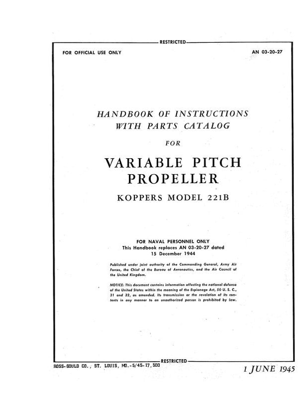 Aeromatic Propellers Koppers Model 221B 1945 Handbook Of Instructions ...