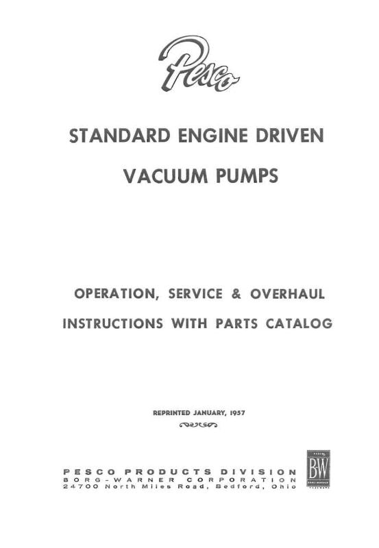 Pesco Standard Engine Driven Vacuum Pump Operation, Service, Overhaul ...