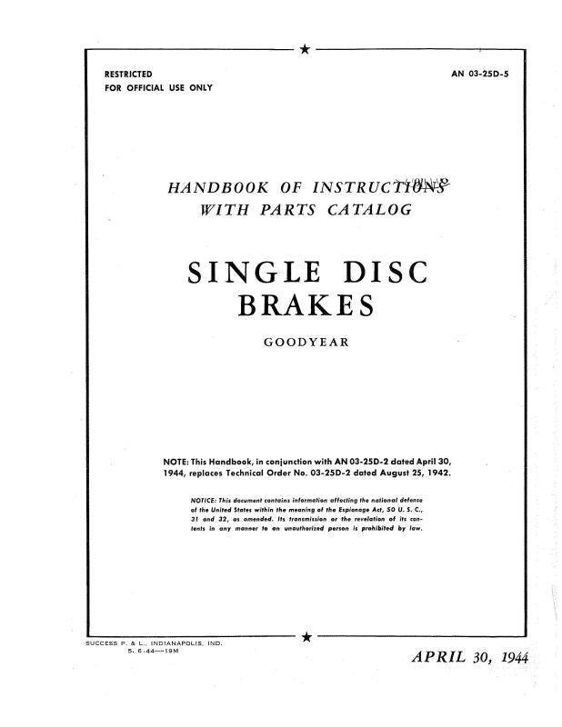 Goodyear Single Disc Brakes 1944 Handbook Of Instructions With Parts C ...