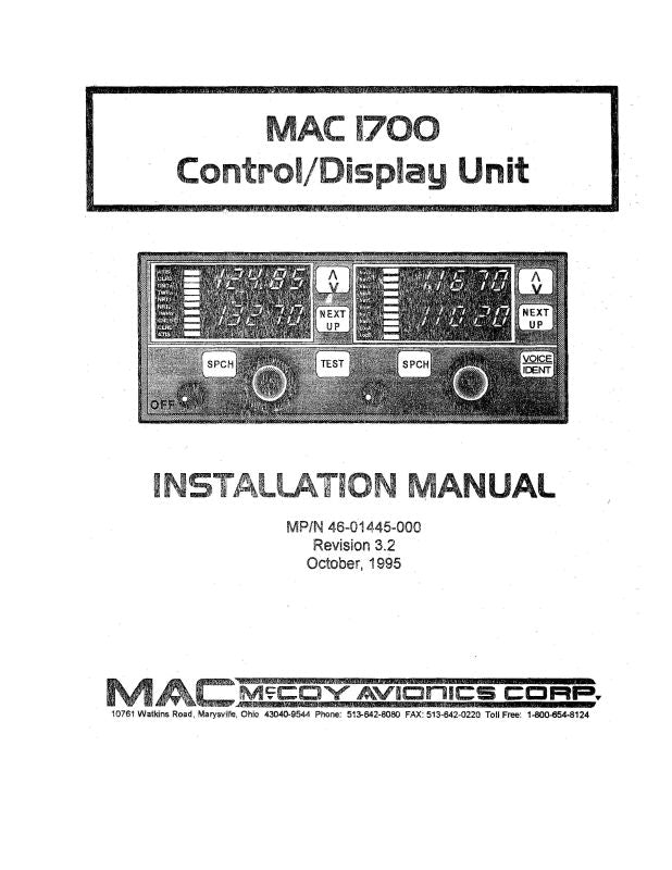 McCoy Avionics MAC 1700 Control-Display Unit Maintenance/Installation ...