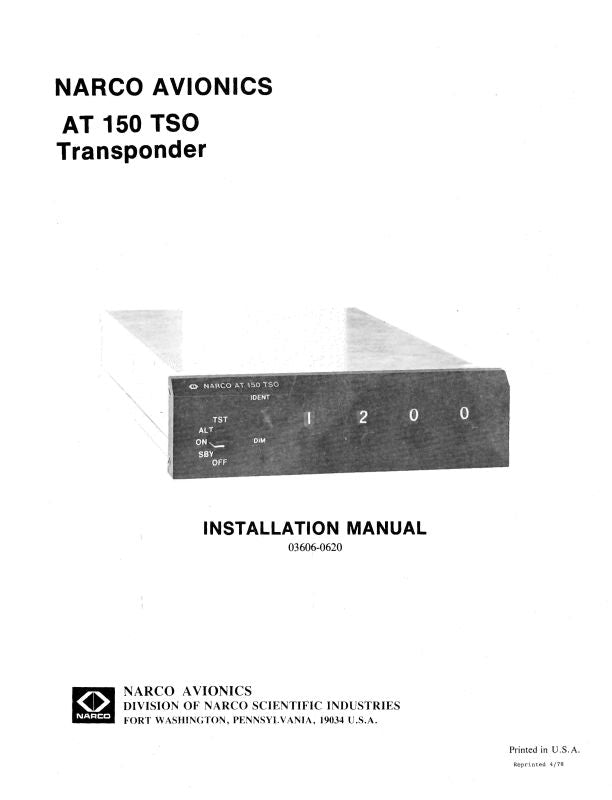 Narco AT150 TSO Transponder 1977 Installation Manual (03606-0620 ...