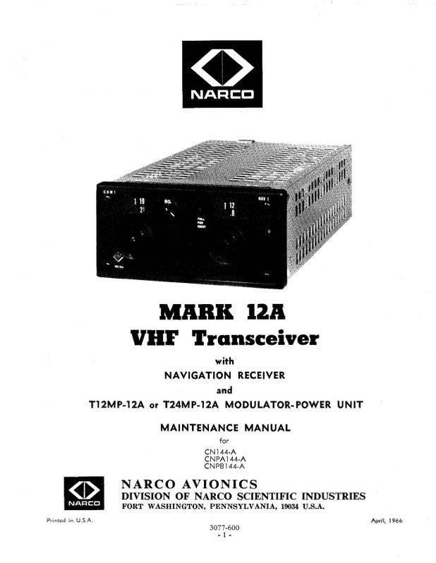 Narco Mark 12A VHF Maintenance Manual (3077-600) — Essco Aircraft