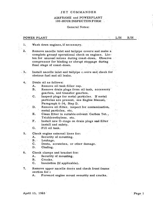 Aero Commander Airframe,Powerplant100 Hr Insp 100 Hour Inspection Forms ...