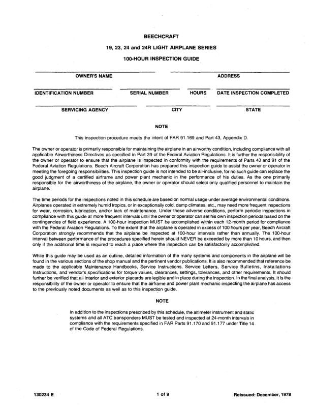 Beech 19,23,24 100 Hour Inspection Guide (130234 E) — Essco Aircraft