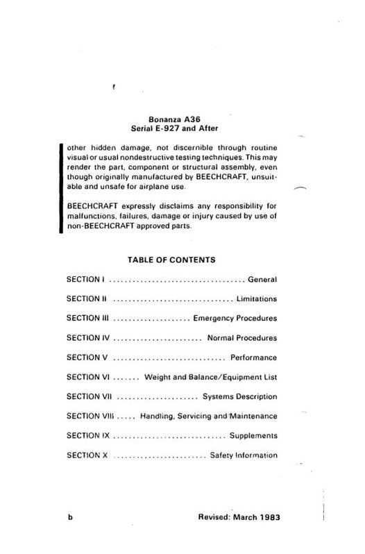 Beech A-36 POH Pilot's Operating Handbook (36-590002-17) — Essco Aircraft