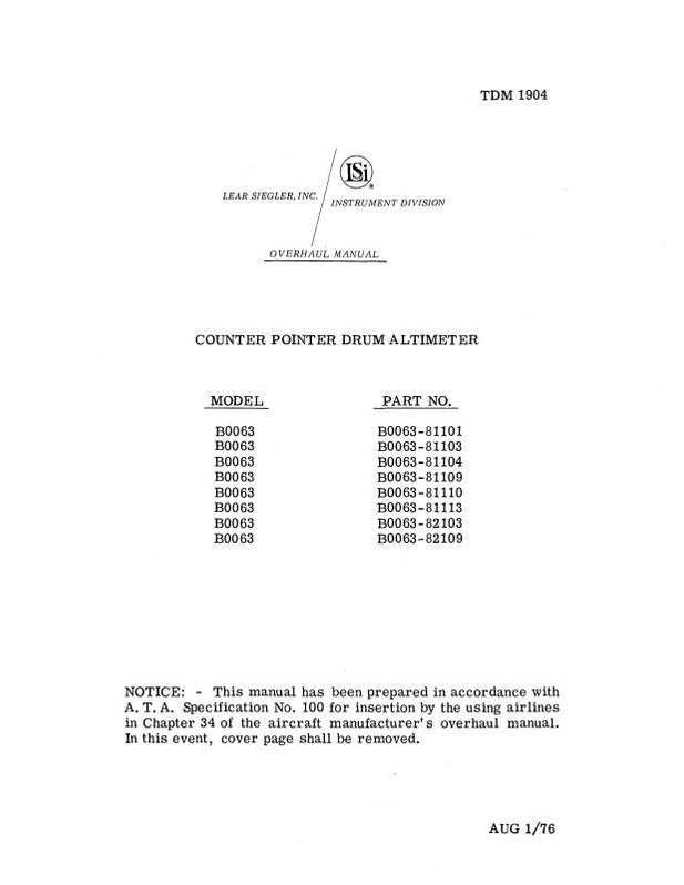 Lear Seigler Counter Pointer Drum Altimeter Overhaul Manual 1976 (TDM ...