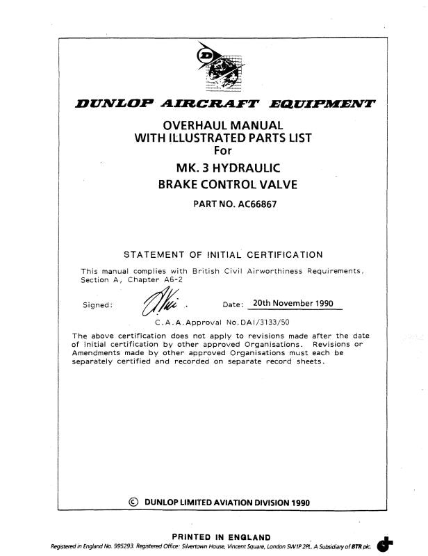Dunlap Mk3 Hydraulic Brake Control Valve Overhaul Manual With Parts 19 ...
