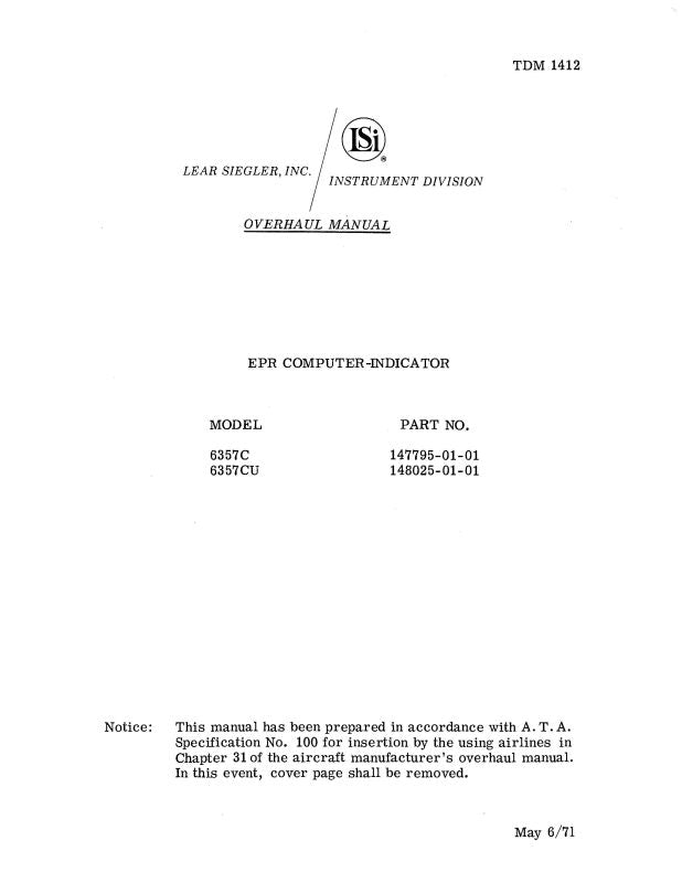Lear Seigler EPR Computer-Indicator Overhaul Manual 1971 (TDM 1412 ...