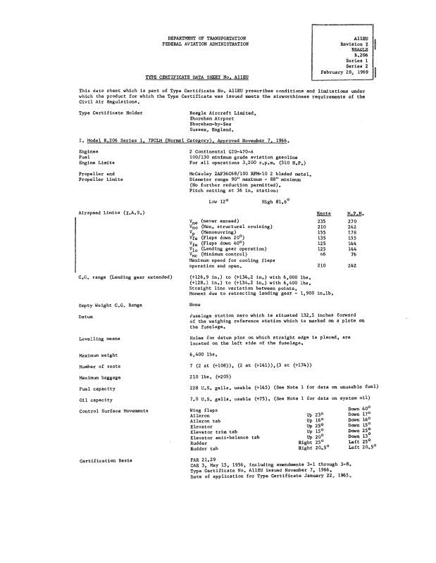 British Beagle B.206 Aircraft Specifications 1969 (A11EU) — Essco Aircraft
