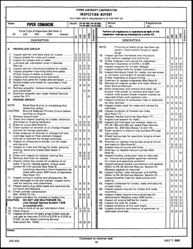 Piper PA24-180,250,260,400Comanche Periodic Inspection Report Forms (2 ...