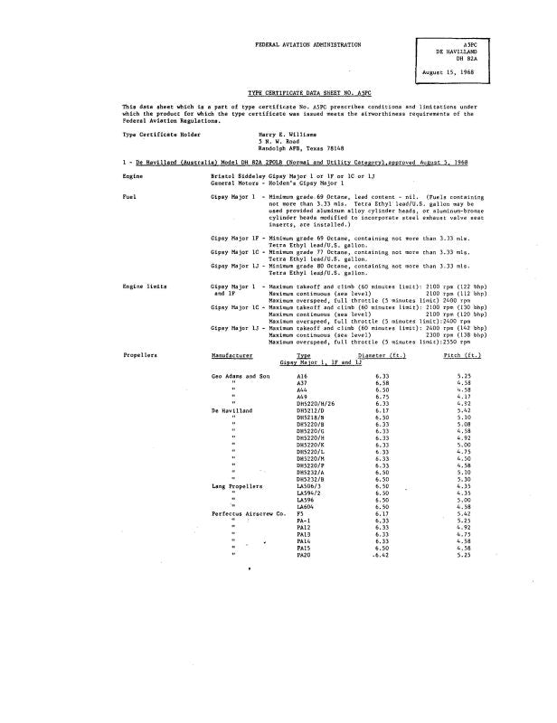 DeHavilland DH 82A Gypsy Major 1968 Ops. & Aircraft Specifications (A5 ...