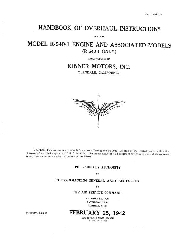 Kinner R-540-1 Engine Overhaul Instructions (02-60BA-3) — Essco Aircraft